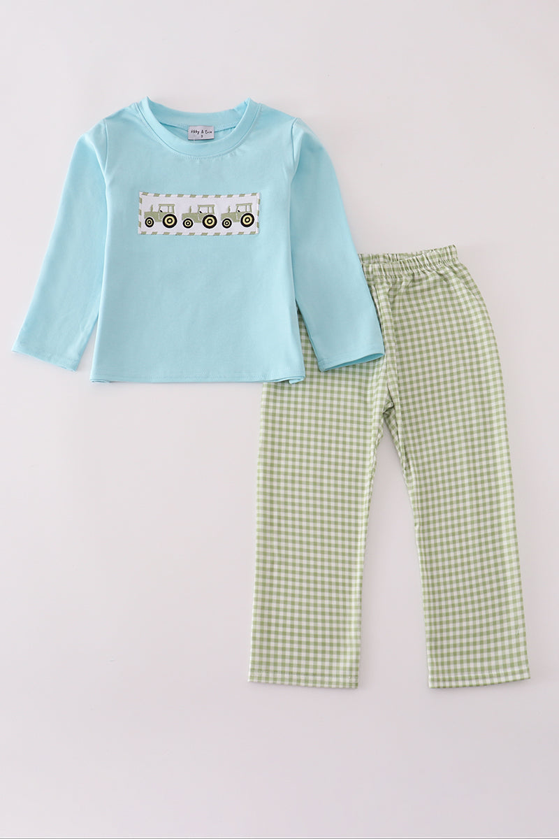 Abby & Evie Blue tractor embroidery pants set – Lily & Lane Children's ...